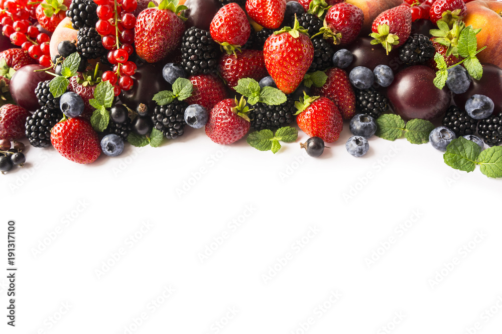 Mix berries isolated on a white. Berries and fruits with copy space for ...