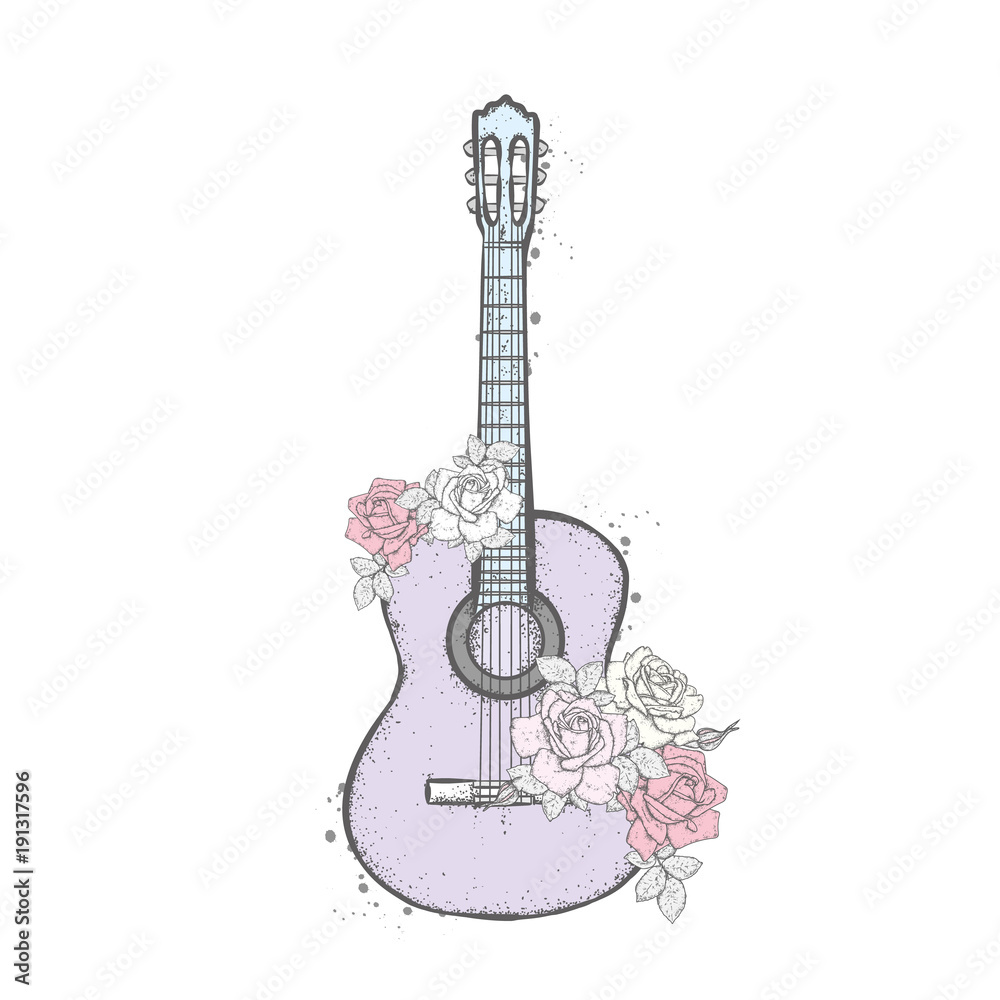 Acoustic guitar and roses. Bouquet of flowers. Vector illustration ...