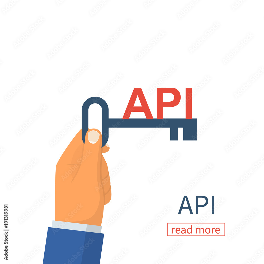 API concept. Key API as a symbol of the finished code. Programmer holds the code in hand. Vector ...