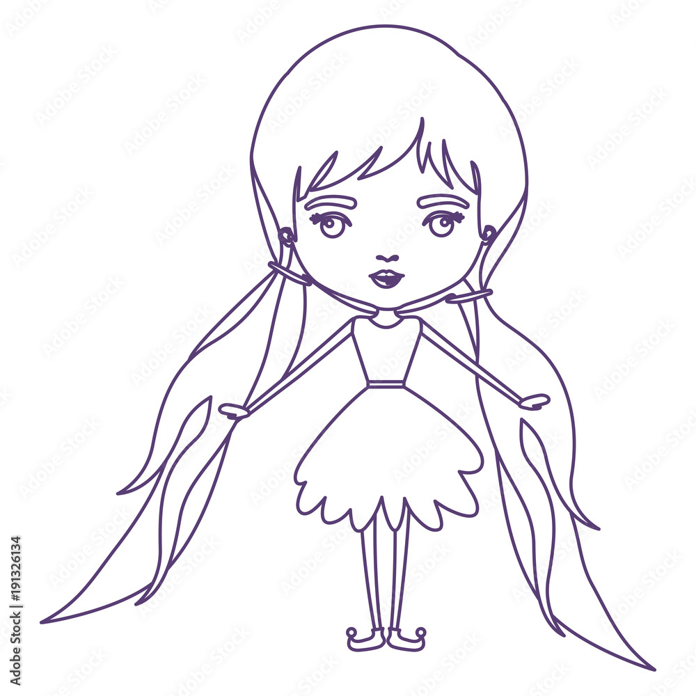 girly fairy without wings and long hair with pigtails in purple contour ...