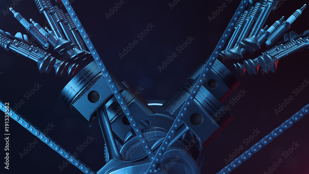 3d illustration of an internal combustion engine. Engine parts, crankshaft, pistons, fuel supply ...
