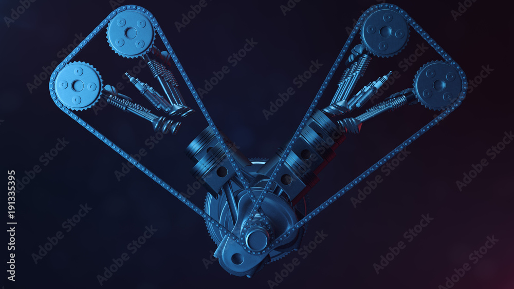 3d illustration of an internal combustion engine. Engine parts, crankshaft, pistons, fuel supply ...