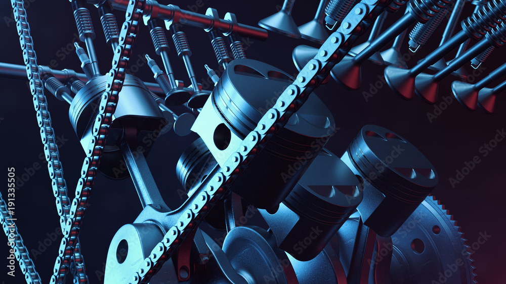3d illustration of an internal combustion engine. Engine parts, crankshaft, pistons, fuel supply ...