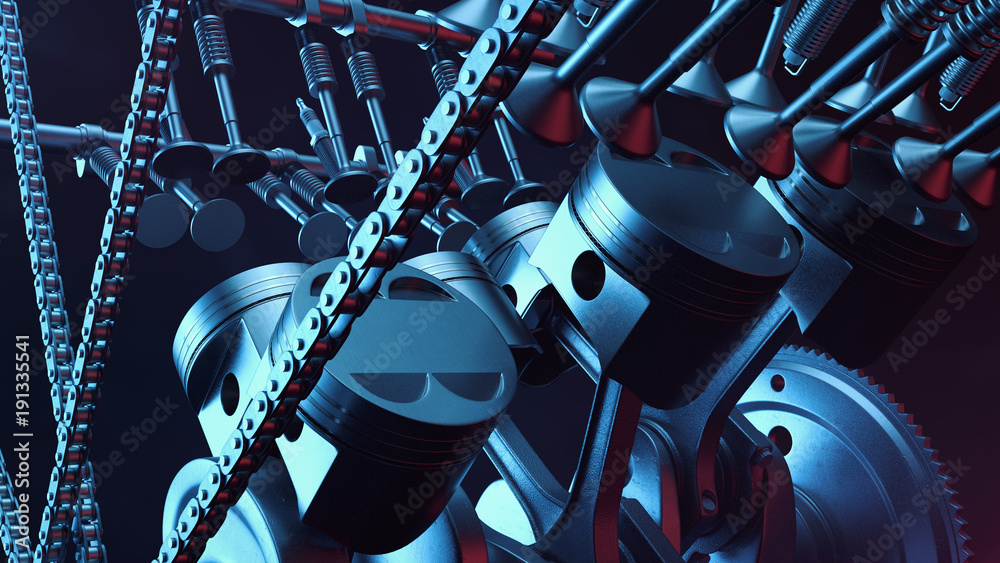 3d illustration of an internal combustion engine. Engine parts, crankshaft, pistons, fuel supply ...