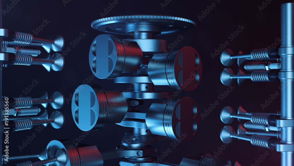 3d illustration of an internal combustion engine. Engine parts, crankshaft, pistons, fuel supply ...