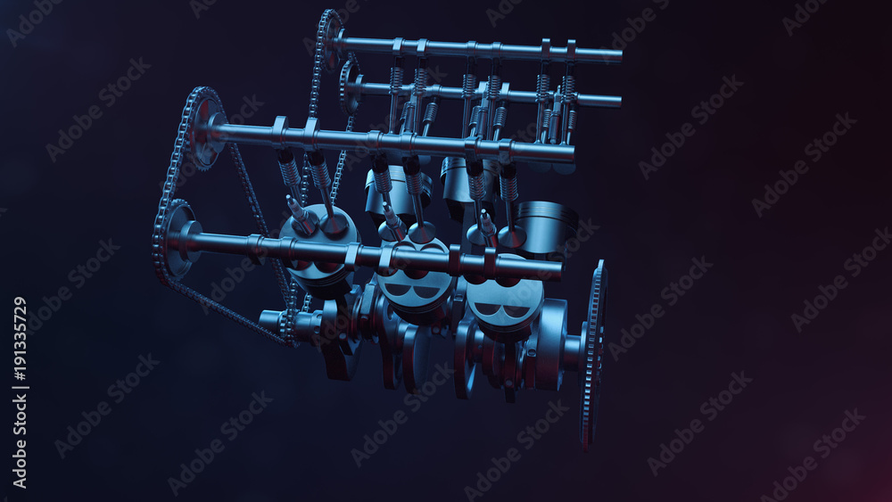 3d illustration of an internal combustion engine. Engine parts, crankshaft, pistons, fuel supply ...