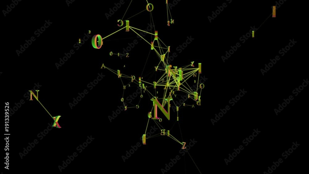 Rotation around a cluster of letters connected to each other. Black ...