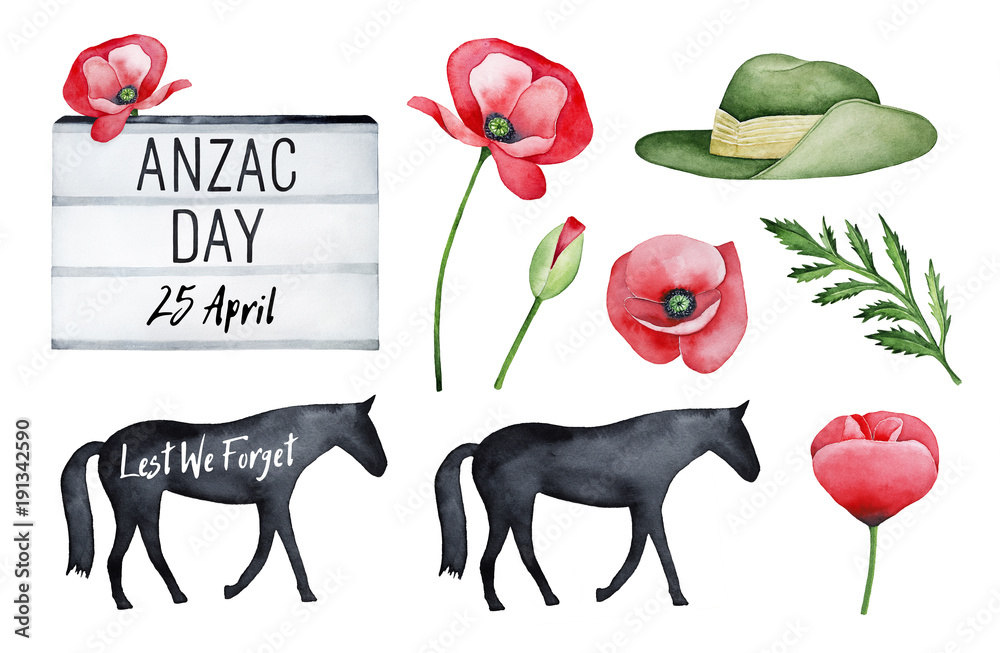 ภาพประกอบสต็อก Anzac Day Illustration Set. Hand drawn watercolour ...