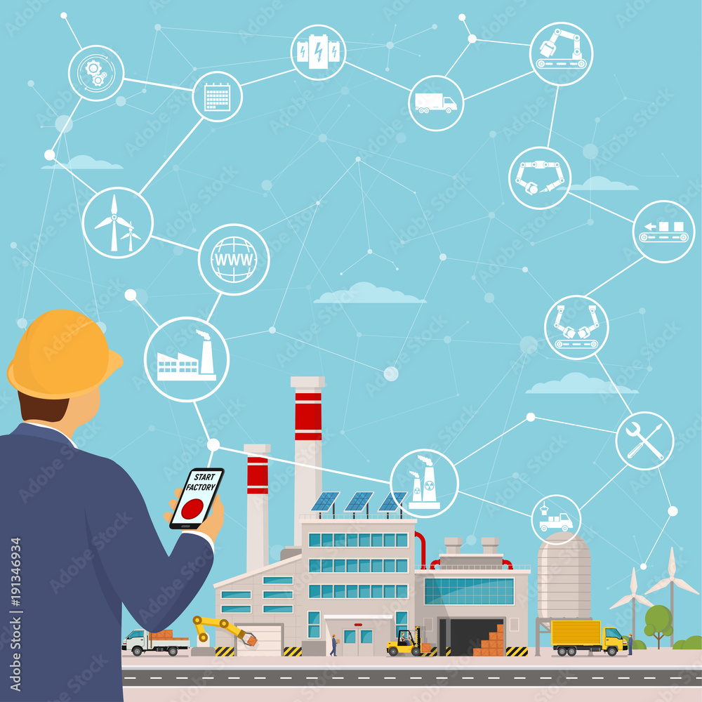 Vetor de smart factory and around it icons Engineer starting a smart ...