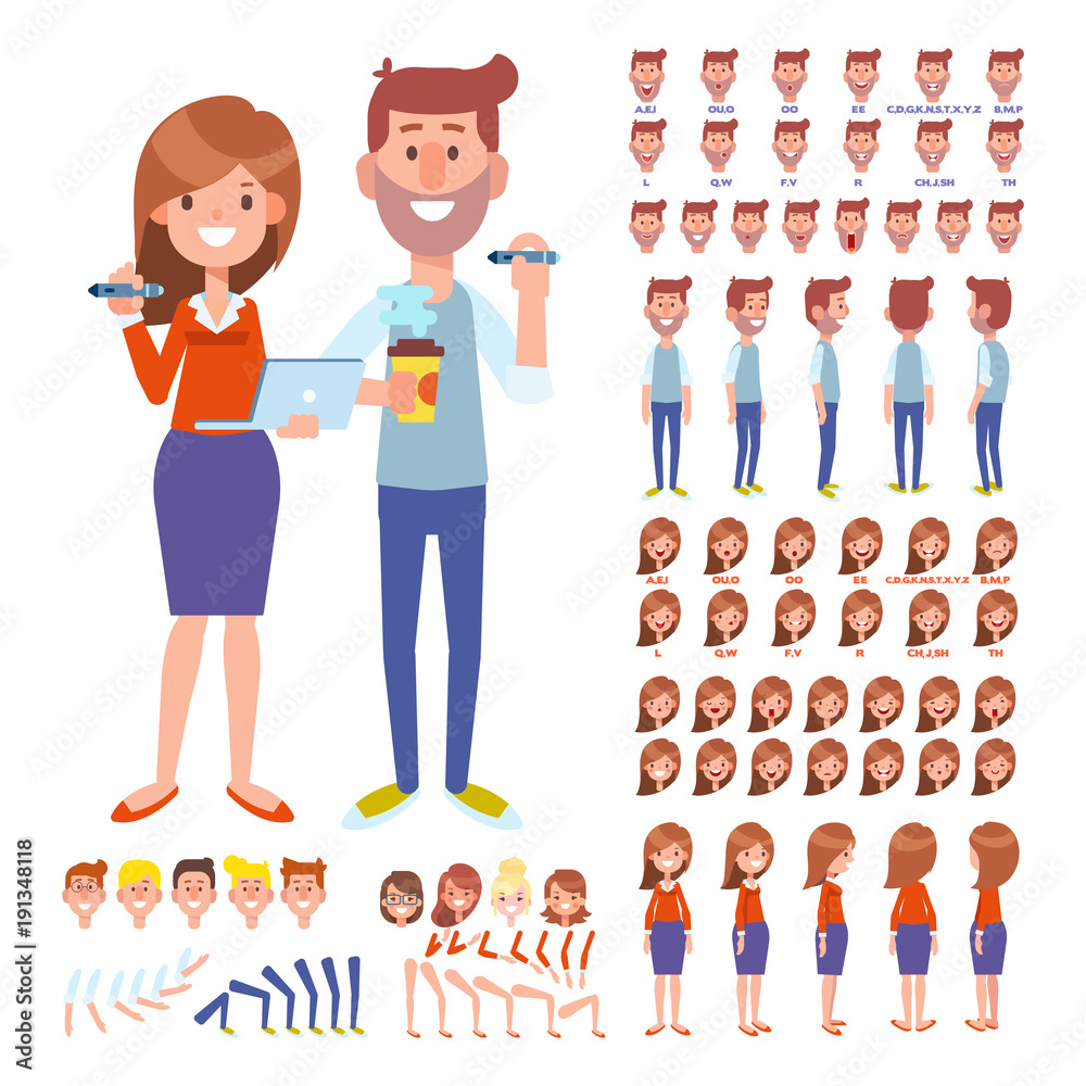 Front, side, back view animated characters. Man and female designers ...