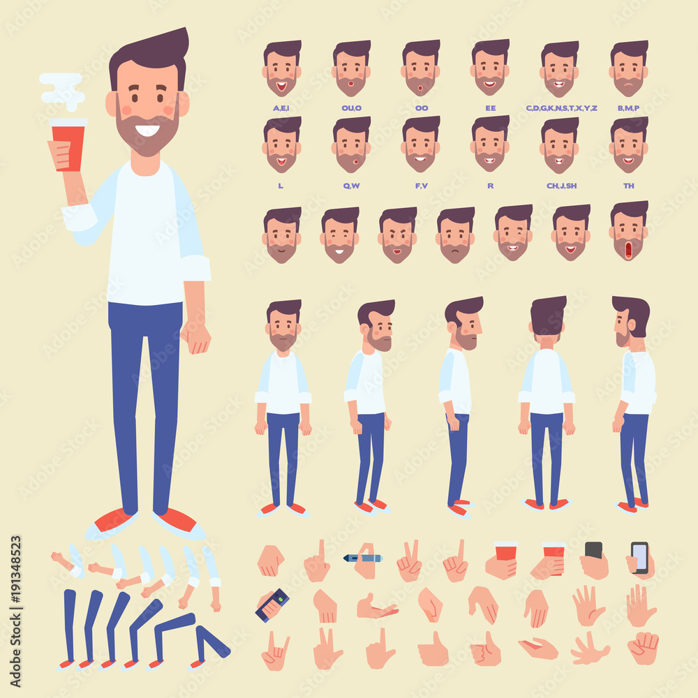 Front, side, back view animated character. Bearded man character ...