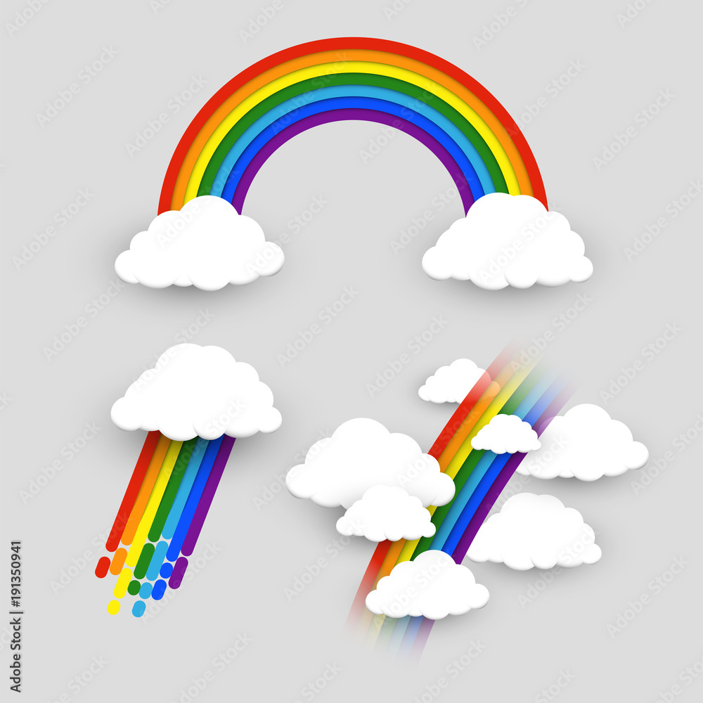 Colorful rainbow with clouds vector set. Isolated Rainbow and clouds ...