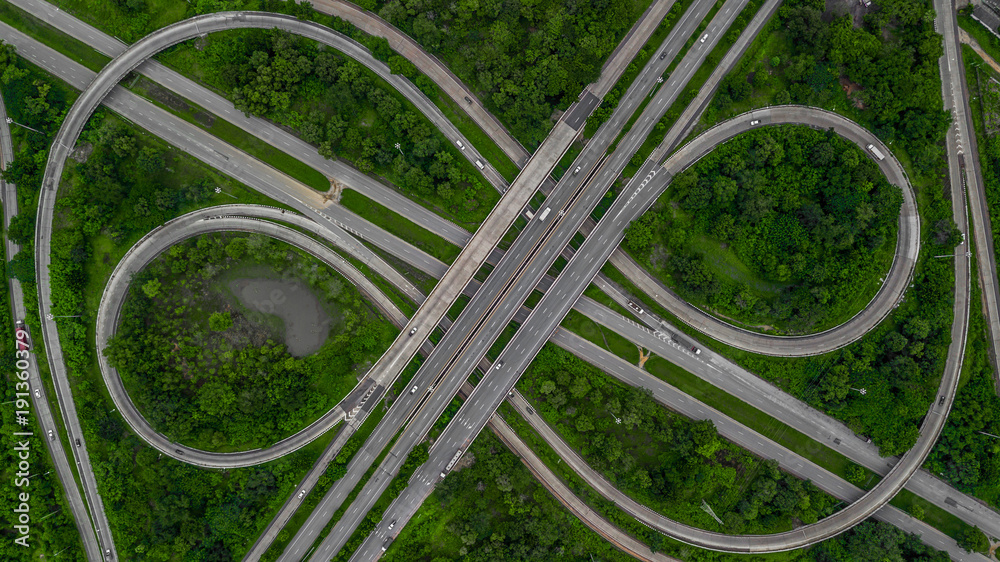 Aerial view highway junction, cross roads, interchange and expressway ...