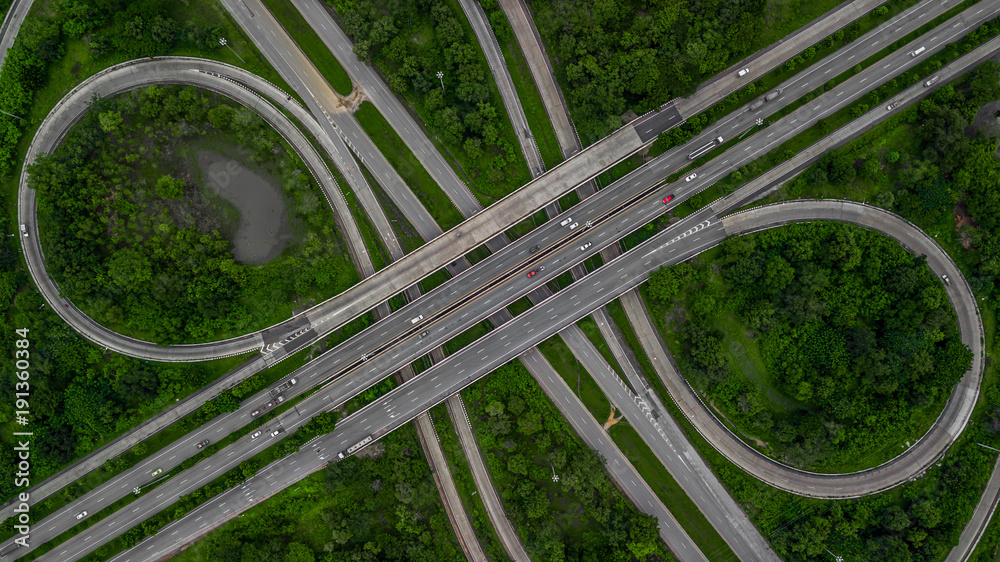 Aerial view highway junction, cross roads, interchange and expressway ...