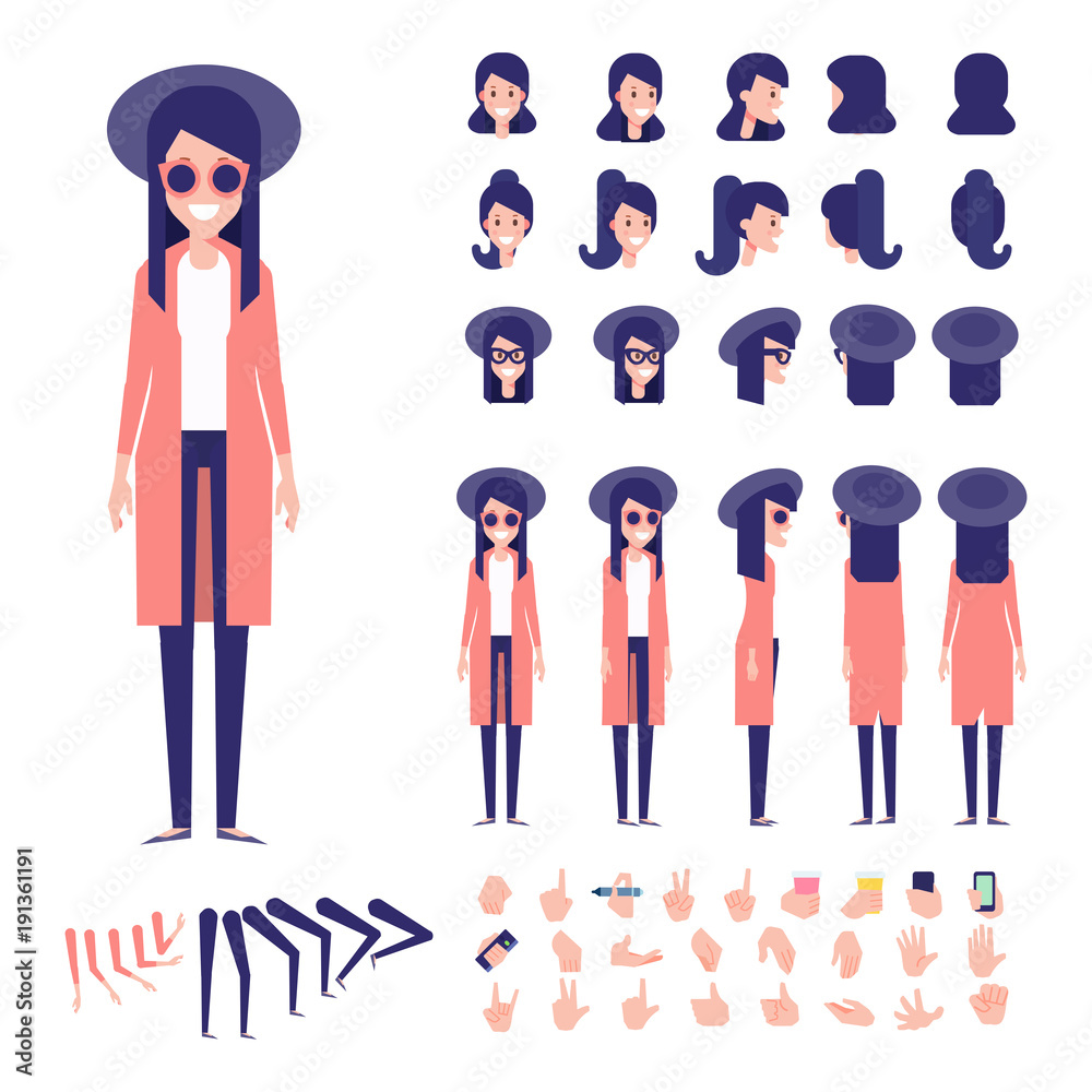 Front, side, back view animated character. Fashion girl character ...