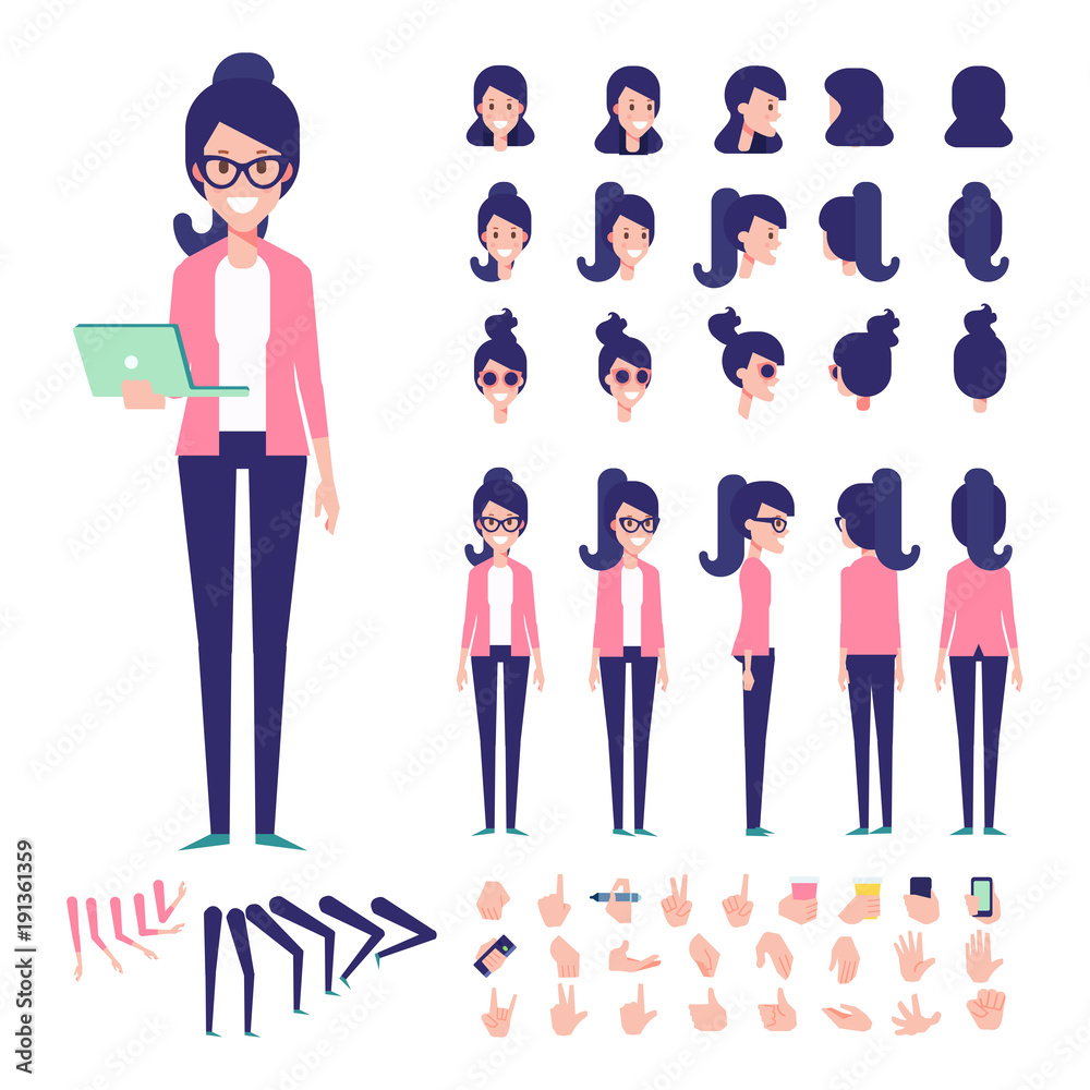 Vecteur Stock Front, side, back view animated character. Geek girl ...