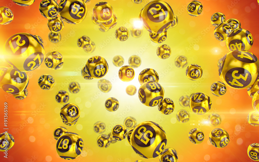 Gold Bingo balls fall randomly on yellow background. Lottery Number ...