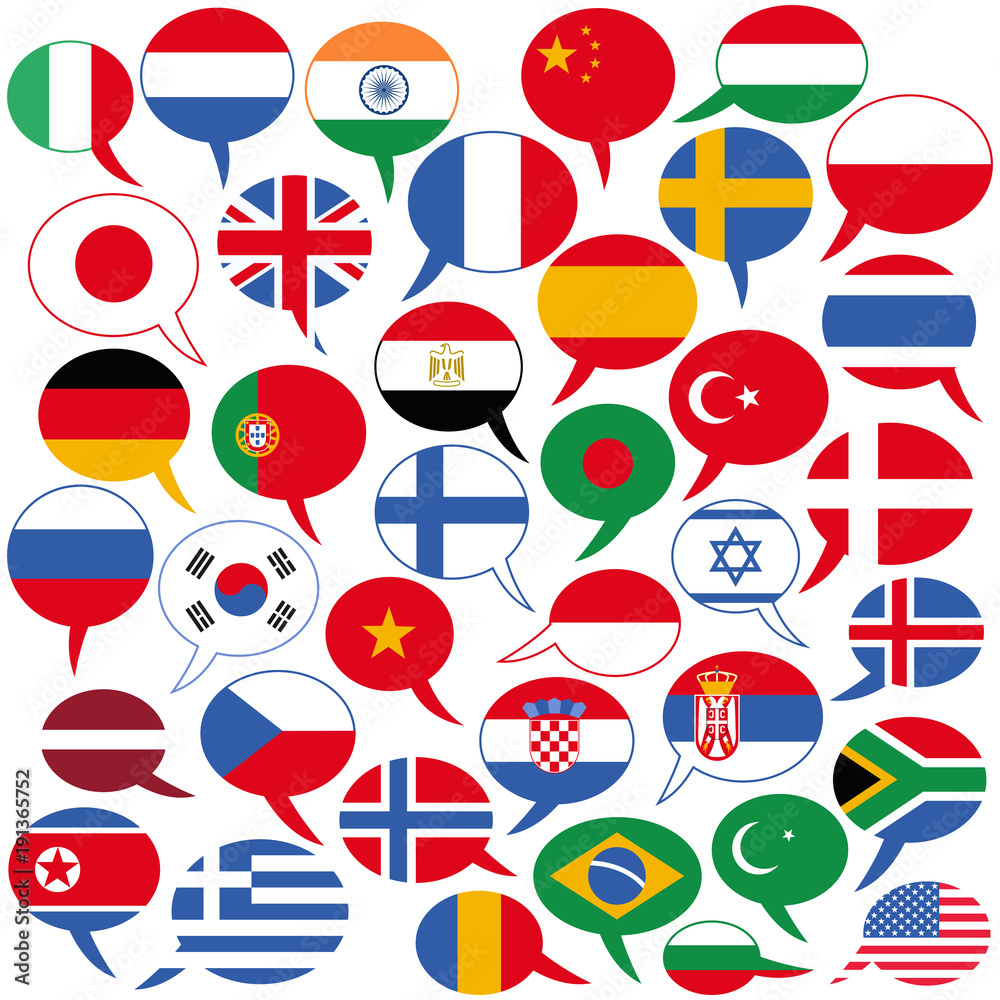 Vector illustration of several speech balloons with flags, different ...