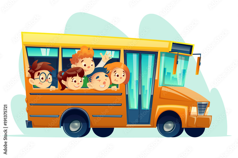 Vector cartoon school bus full of smiling kids. Yellow retro vehicle ...