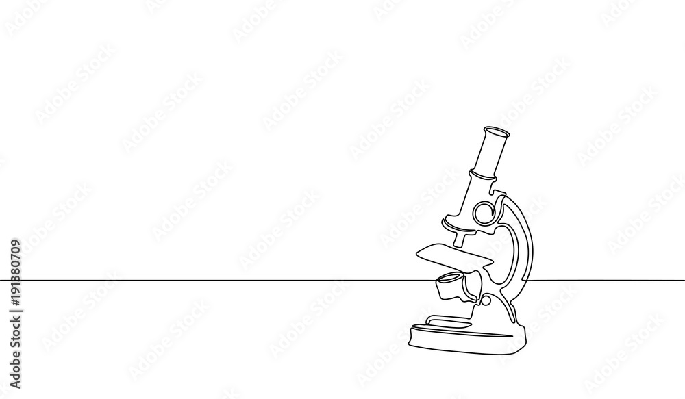 Single continuous line art science research microscope. Biology micro ...