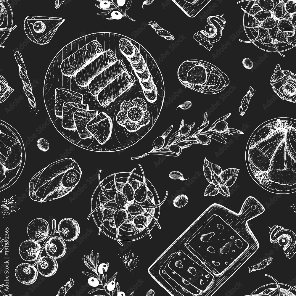 Gourmet snacks seamless pattern. Cheese, sausages, bread hand drawn ...