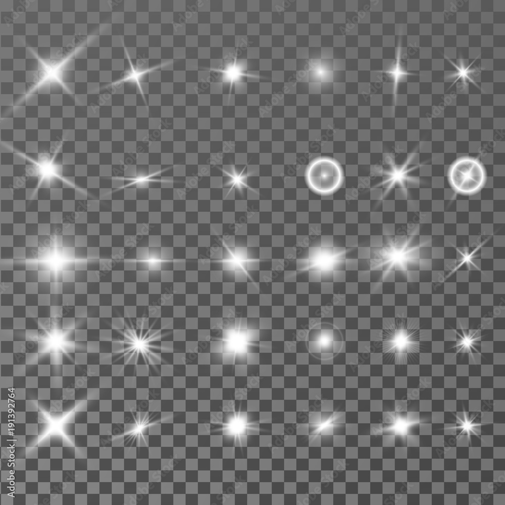 Set of glowing light effect stars on transparent background. Vector ...