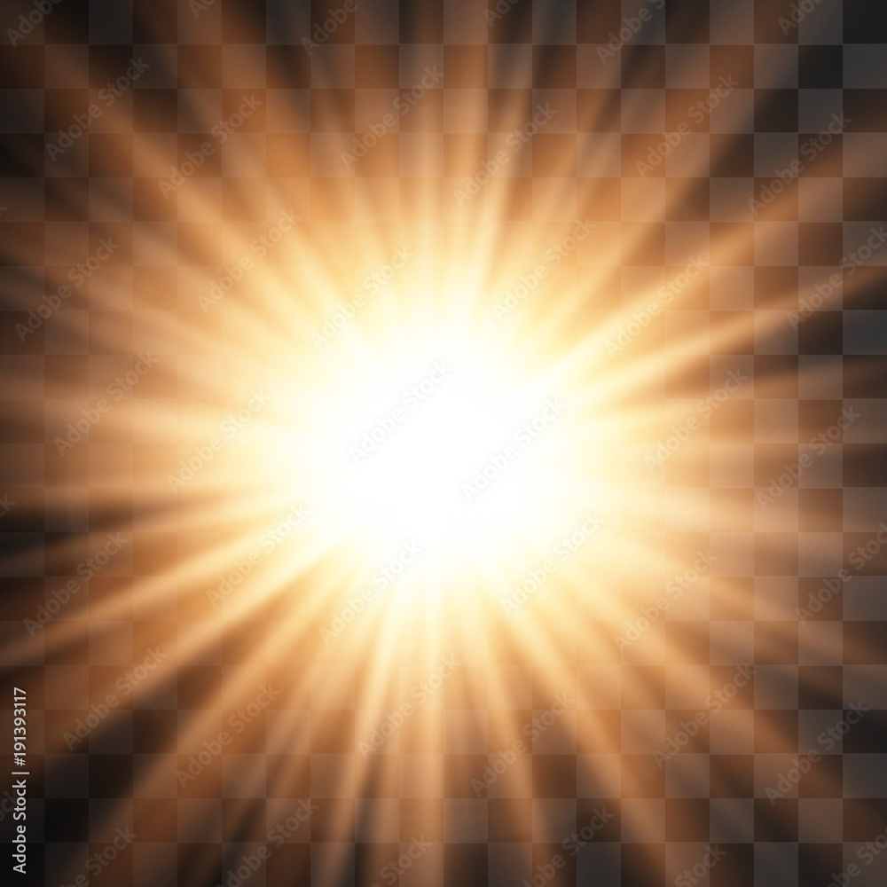 Gold glowing light burst on transparent background. Vector illustration ...