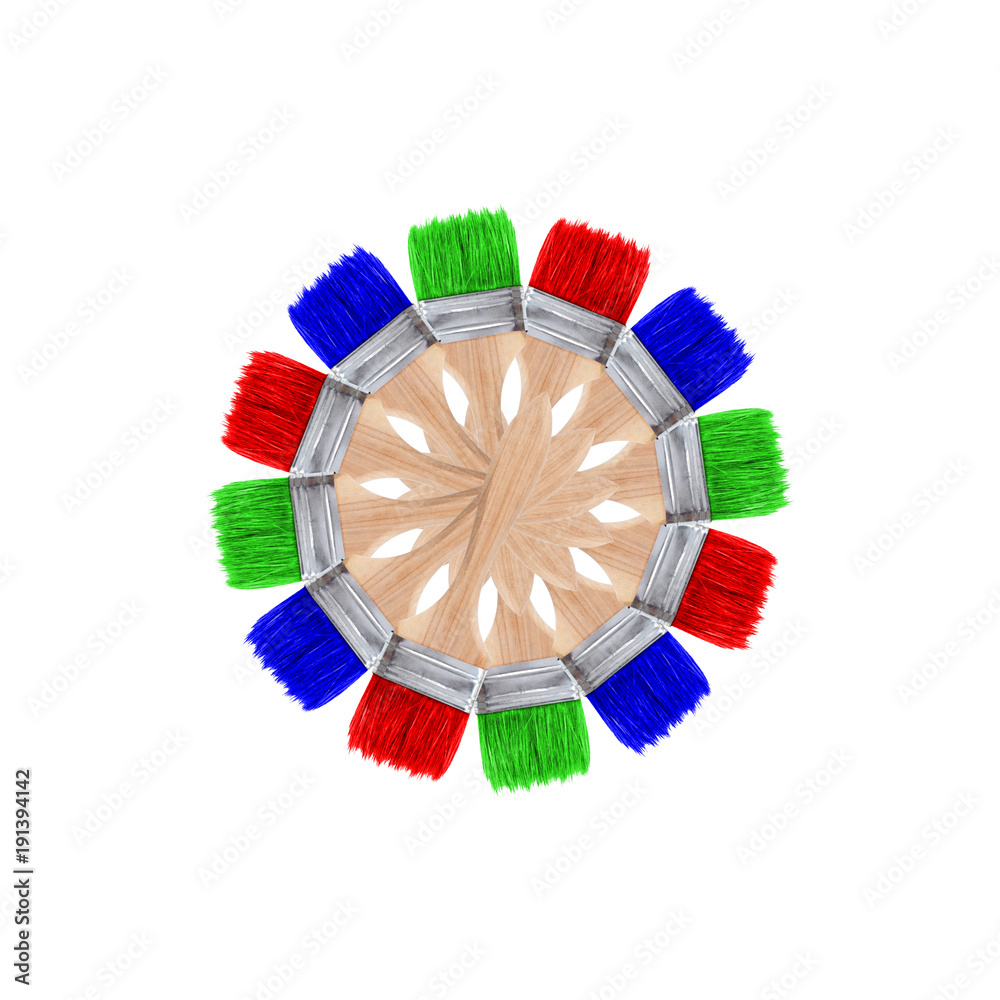 Isolated brushes. Twelve brushes in circle with red, blue and green ...