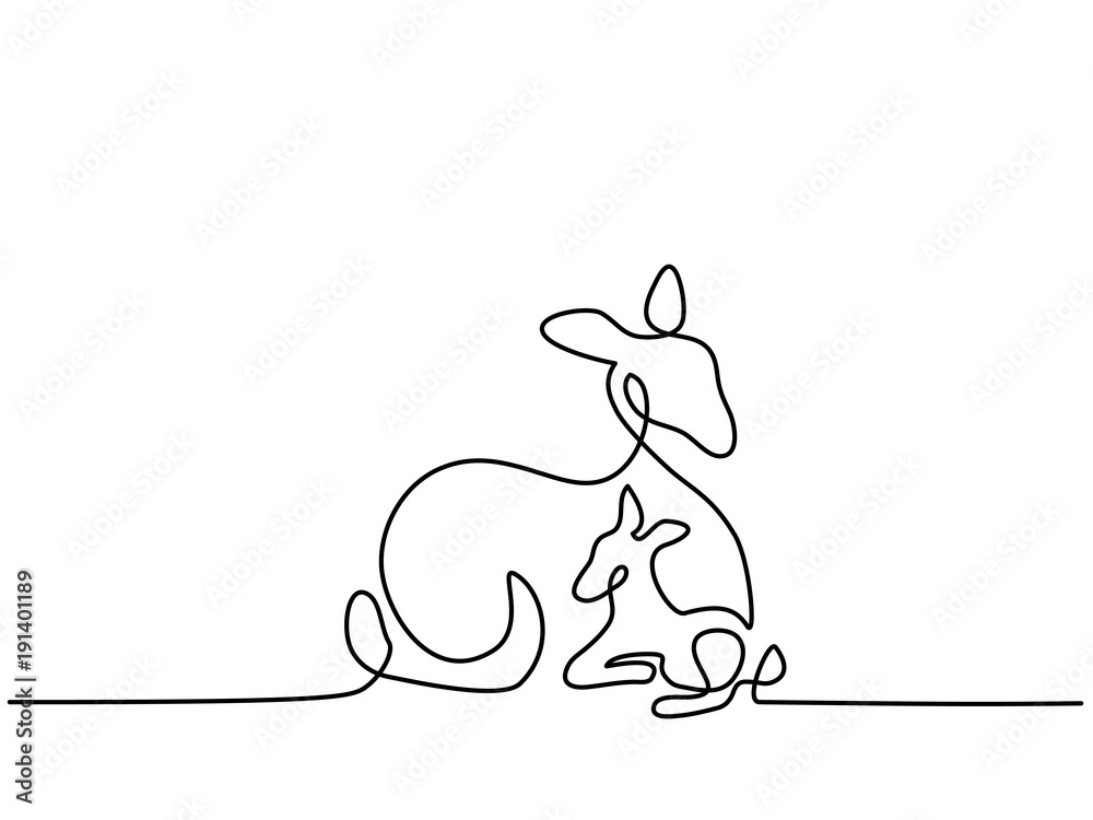 Continuous line drawing. Deer doe with baby logo. Vector illustration ...