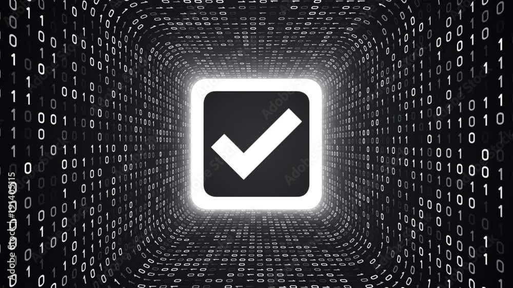 White check mark icon form white binary tunnel on black background ...