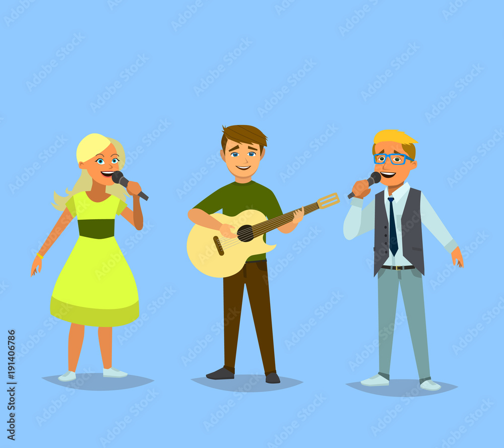 Children's musical trio. A boy and a girls are singing a song on a ...