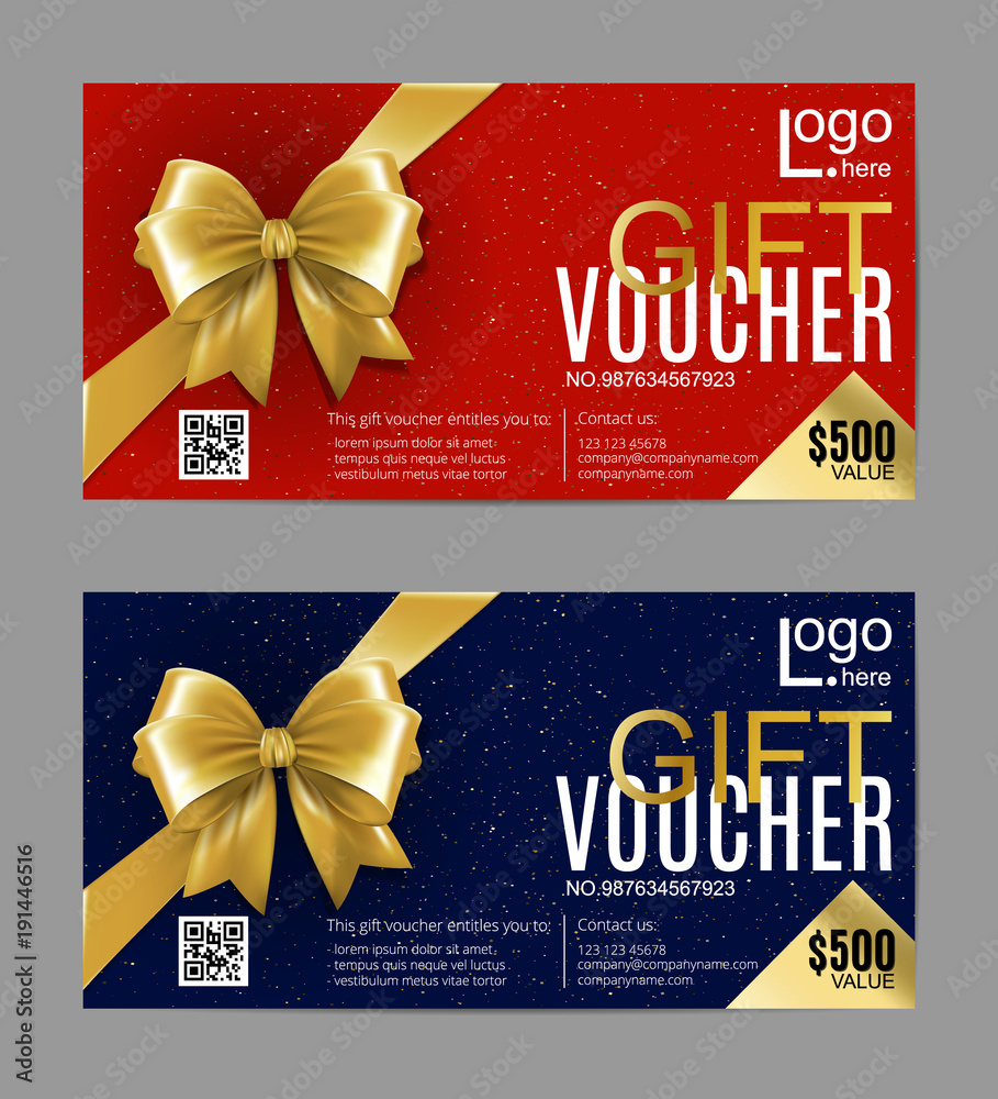 Gift card layout template with golden bow ribbon in corners. Shopping ...