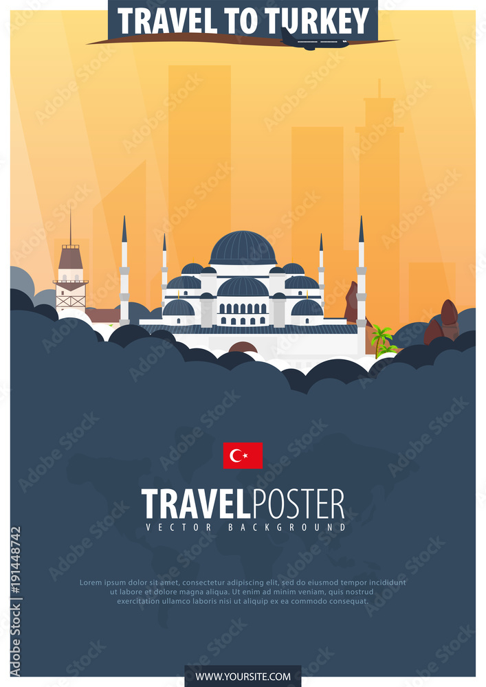 Travel to Turkey. Travel and Tourism poster. Vector flat illustration ...