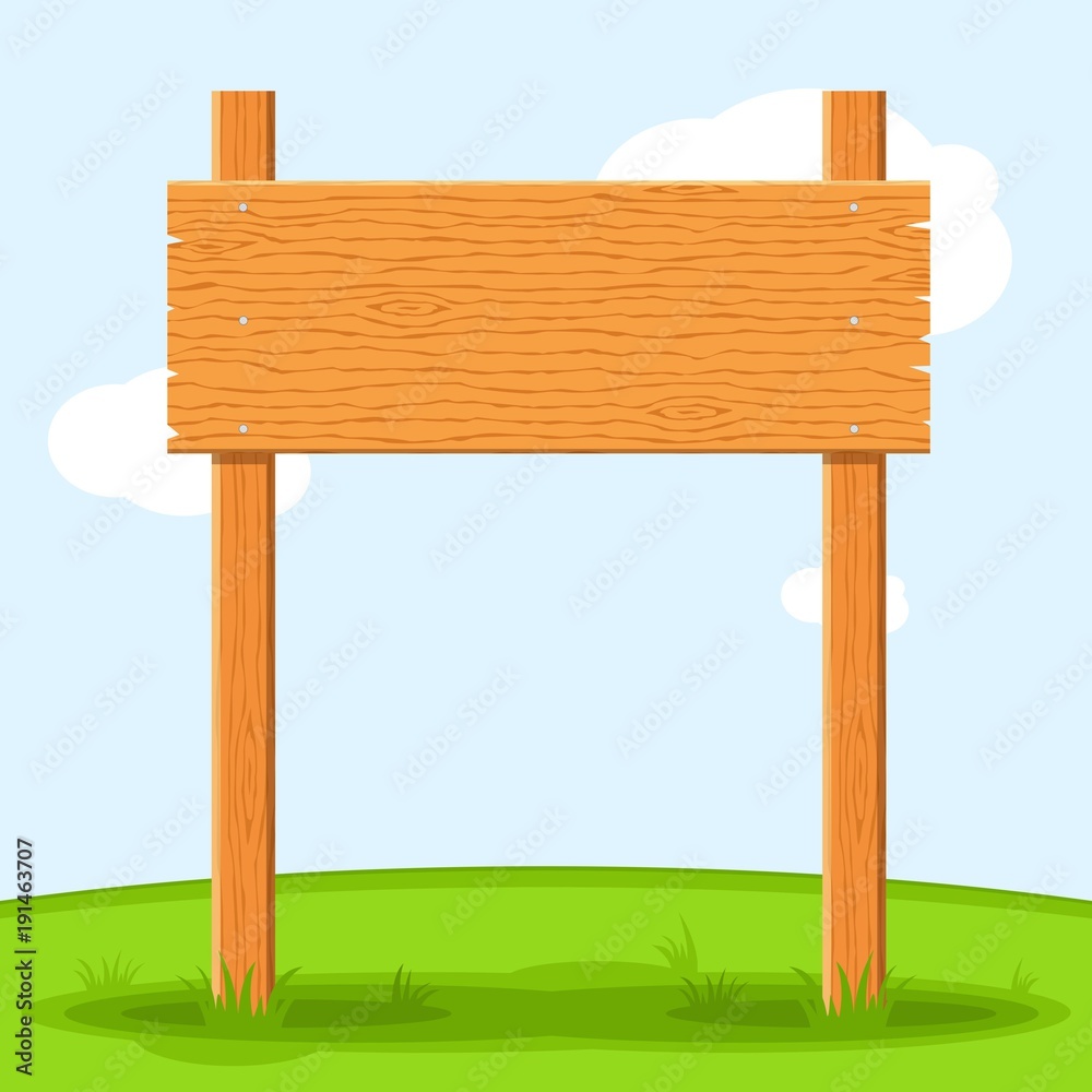 Wooden signboard in grass isolated on grass sky background. Signs board ...