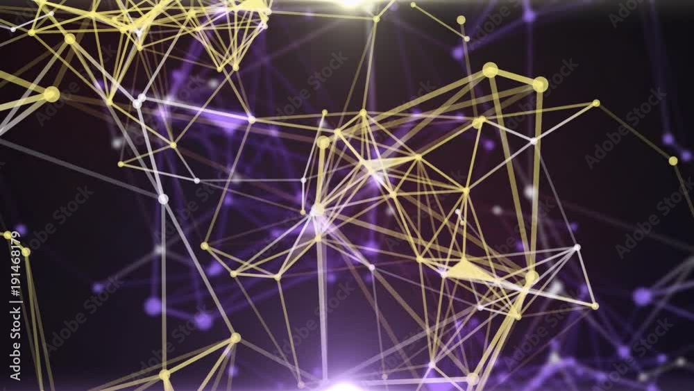 Plexus of abstract violet and gold geometrical lines with moving triangles and dots on a black ...