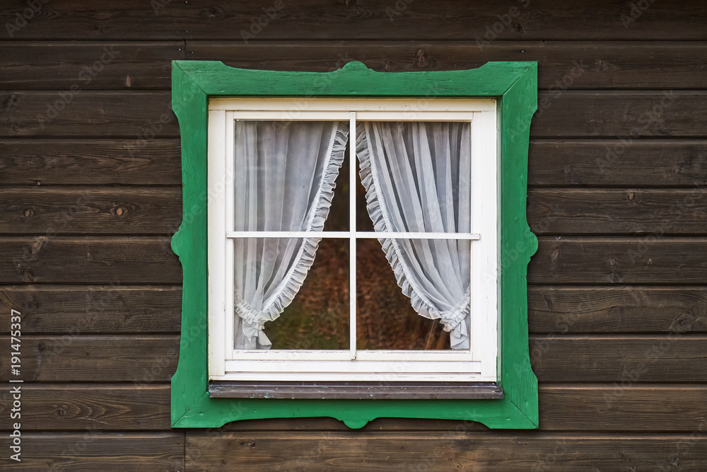 Aged wooden window with green frame on old german wooden hut Stock ...