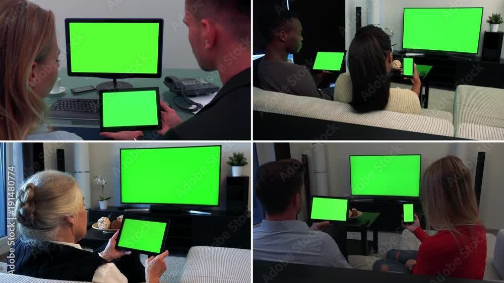 4K compilation (montage) - group of people look at TVs with green ...