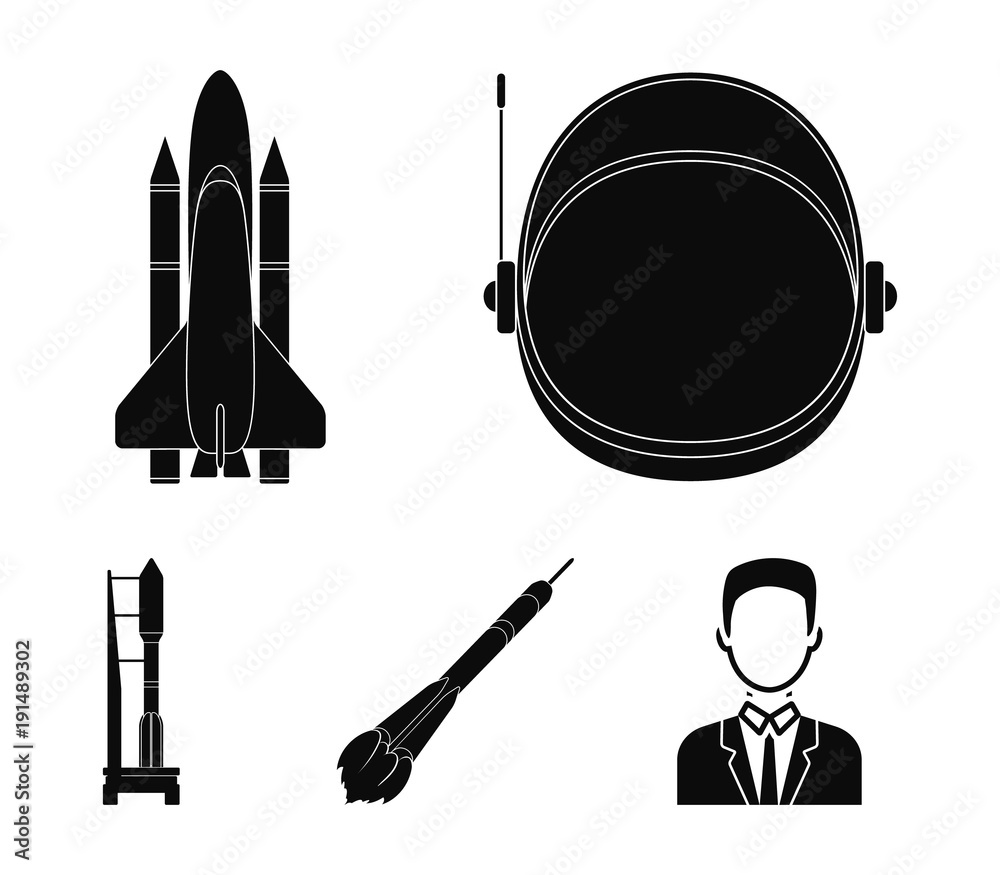A spaceship in space, a cargo shuttle, A launch pad, an astronaut's ...