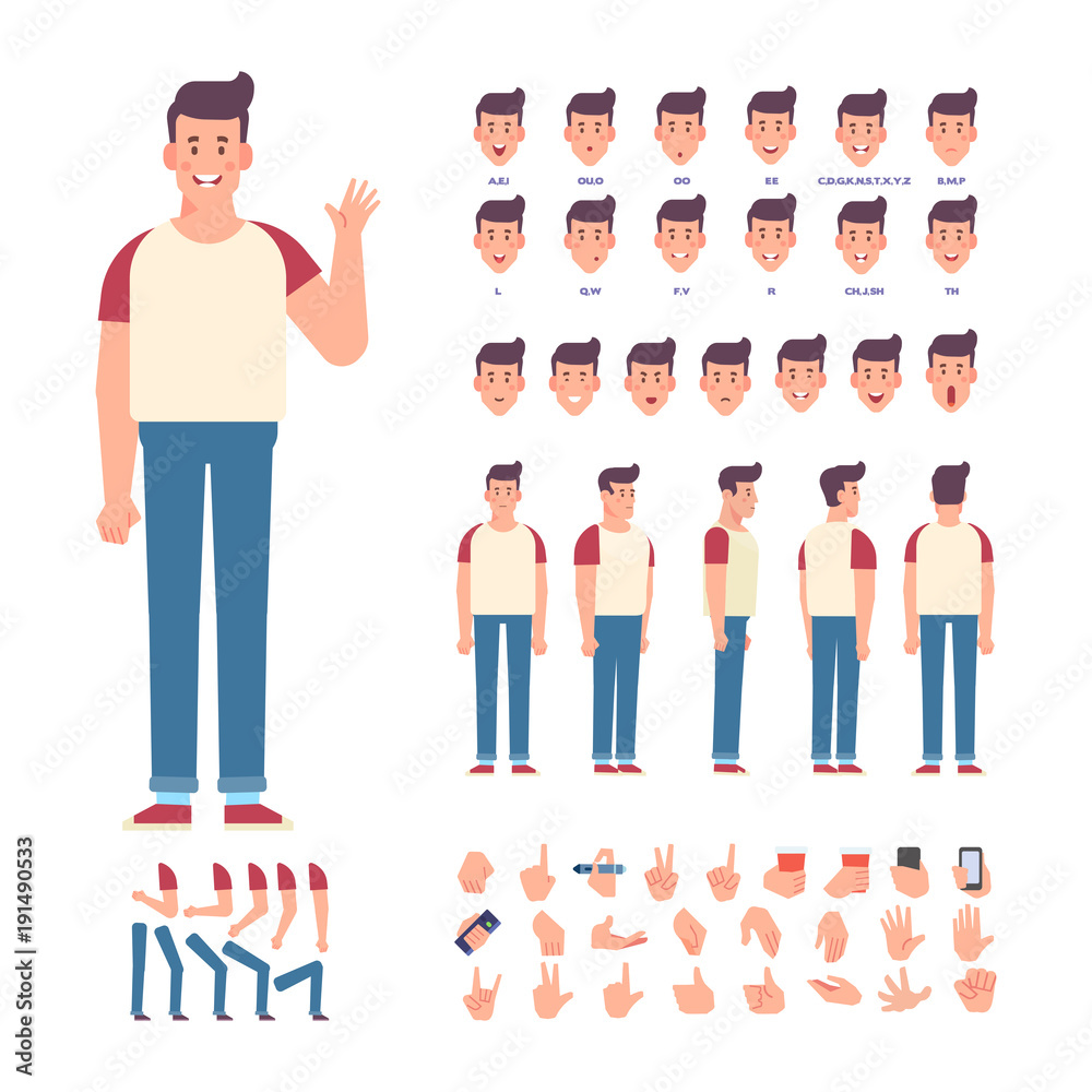 Young man vector character. Front, side, back view. Creation set with ...