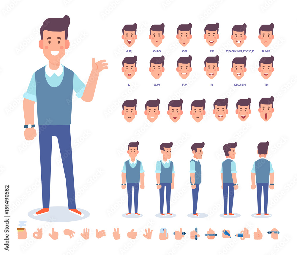 Young man vector character. Front, side, back view. Creation set with ...