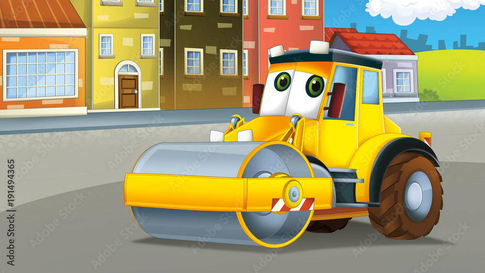 Cartoon road roller truck in the city - illustration for children Stock ...
