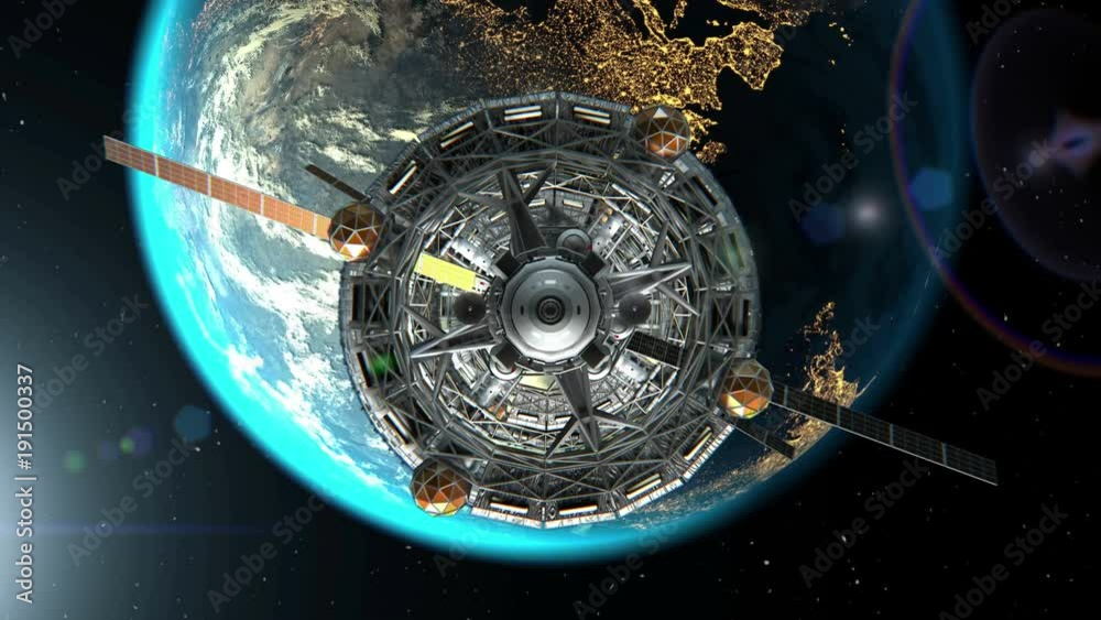 Flight through the door of sci-fi spaceship. Earth and Sun on ...