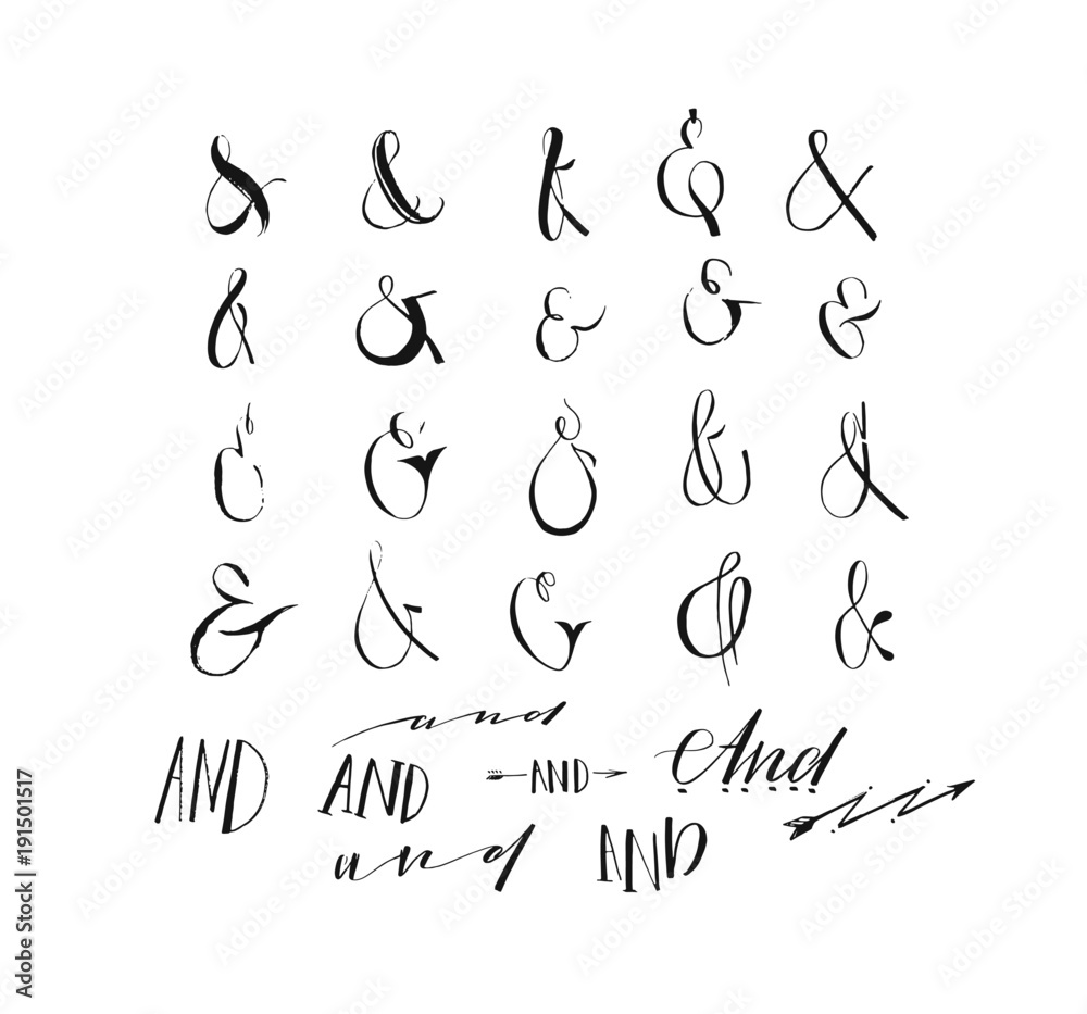 Hand drawn vector graphic drawing big collection of ampersands and catchwords isolated on white ...