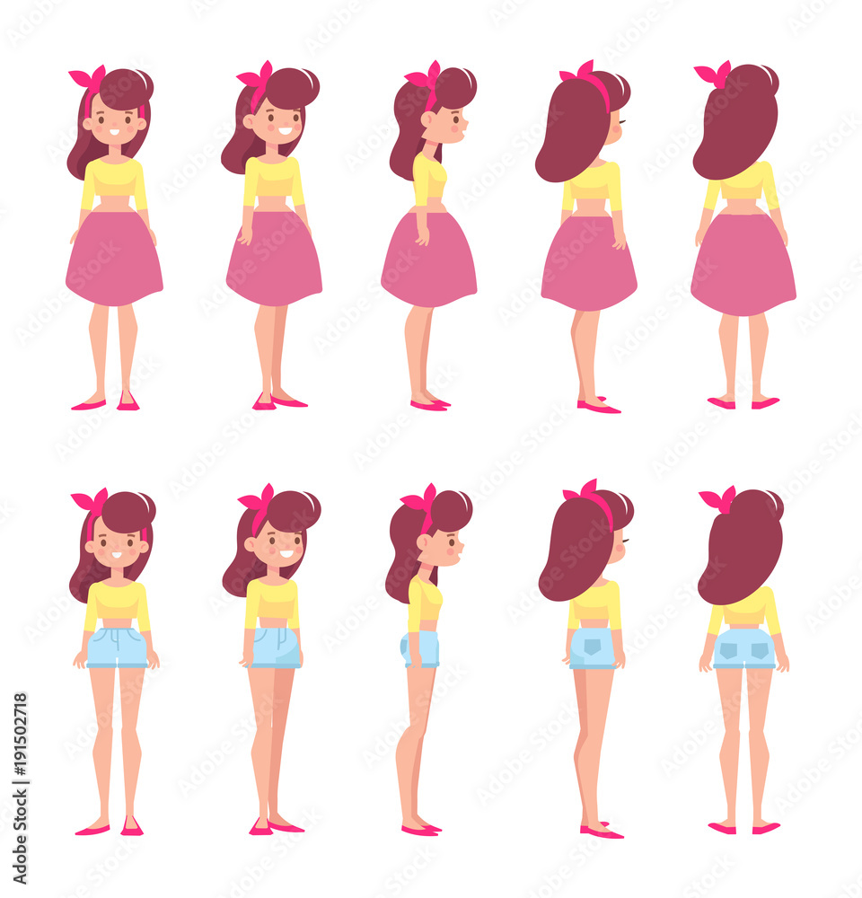 Young girl for animation. Front, side, back, 3/4 view character ...
