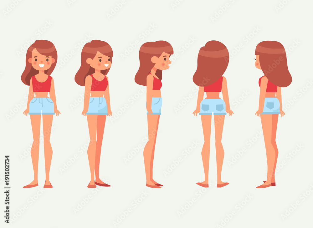Pretty girl for animation. Front, side, back, 3/4 view character ...