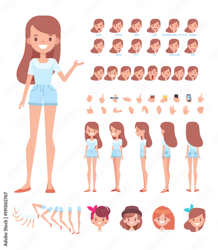 Front, side, back, 3/4 view animated character. Young girl character ...
