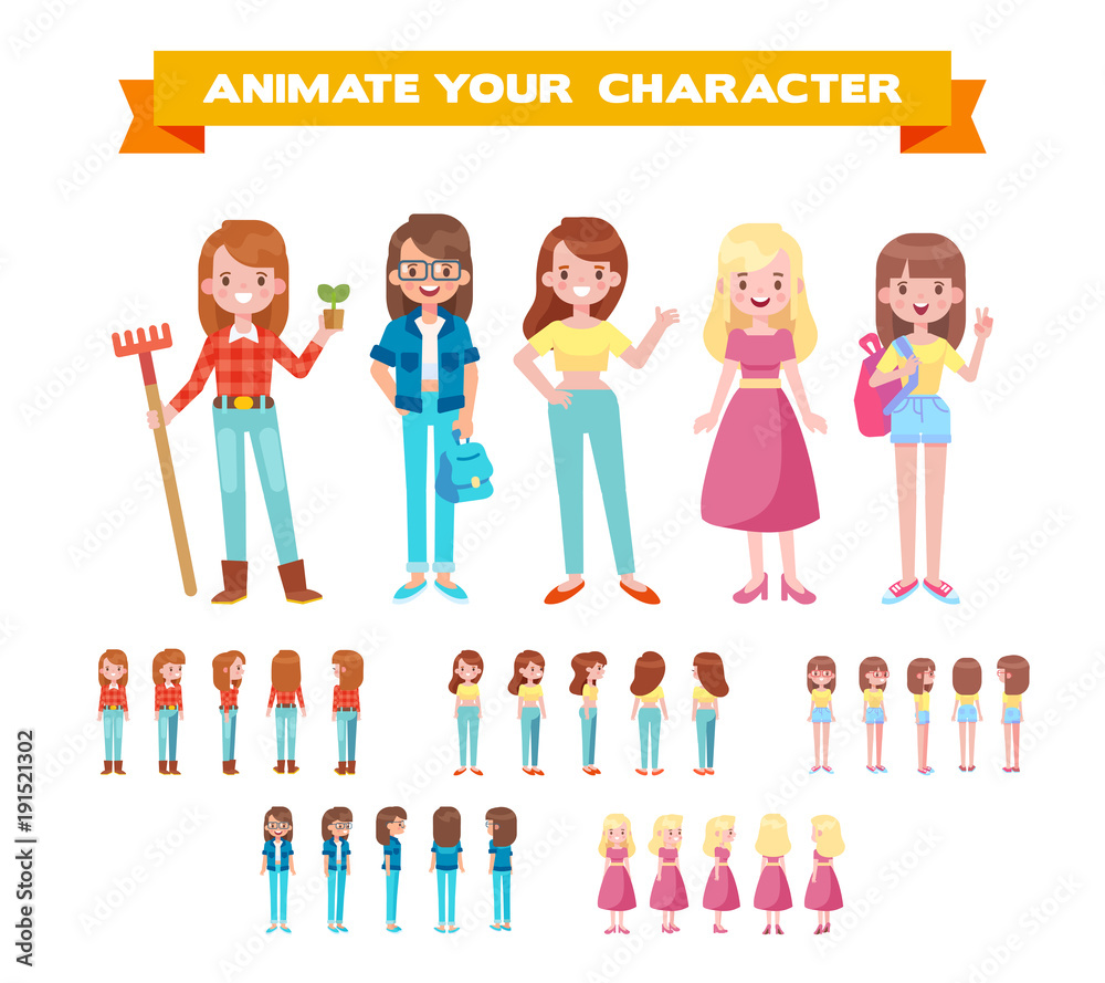 Front, side, back view animated female characters. Cartoon style, flat ...