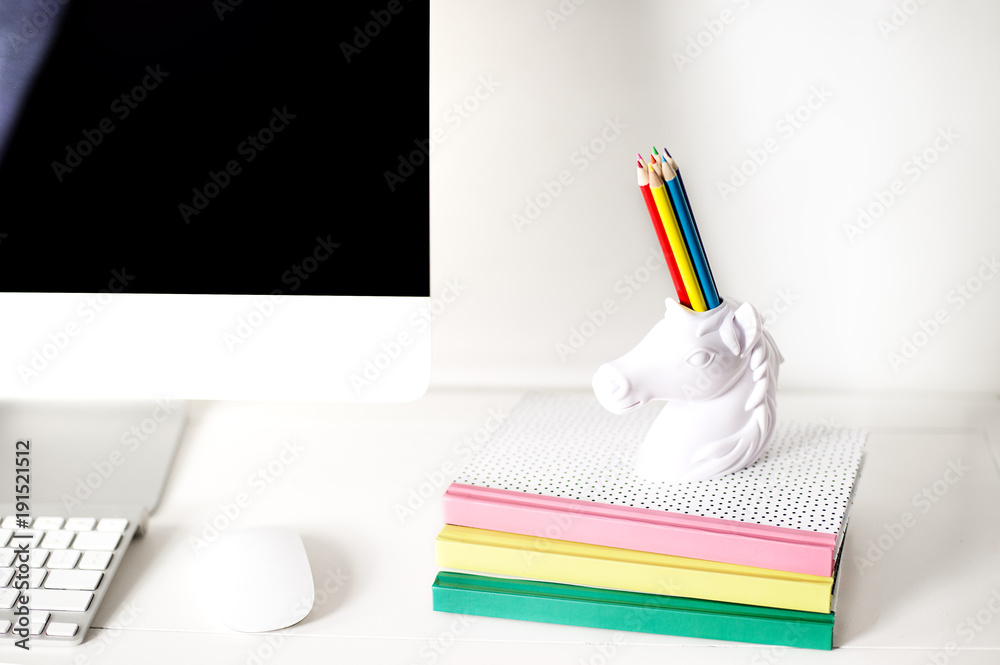 workspace front view computer keyboard mouse and unicorn pencil holder ...
