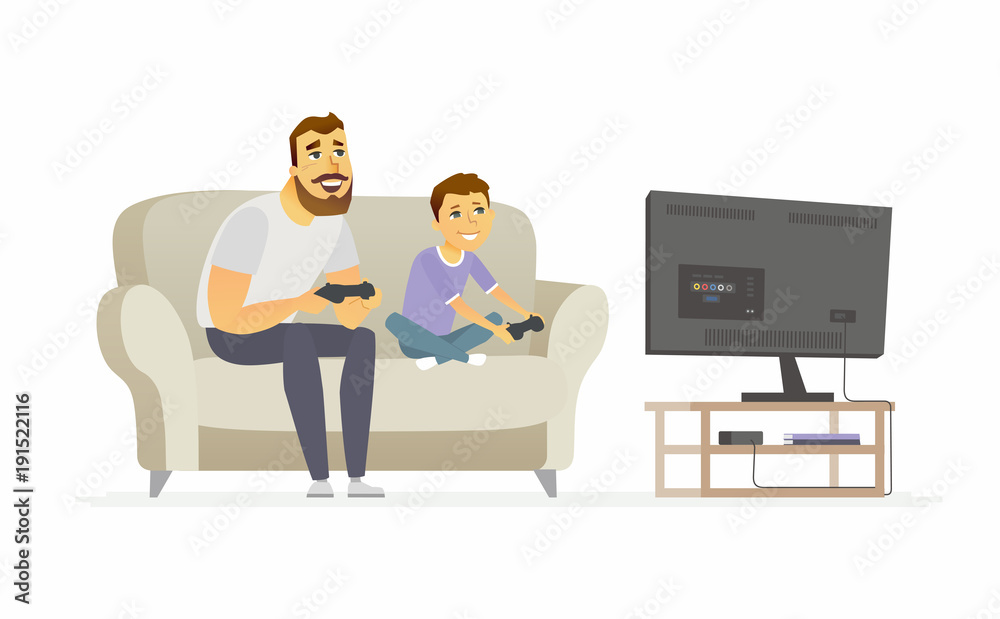 Father and son playing video games - cartoon people characters ...