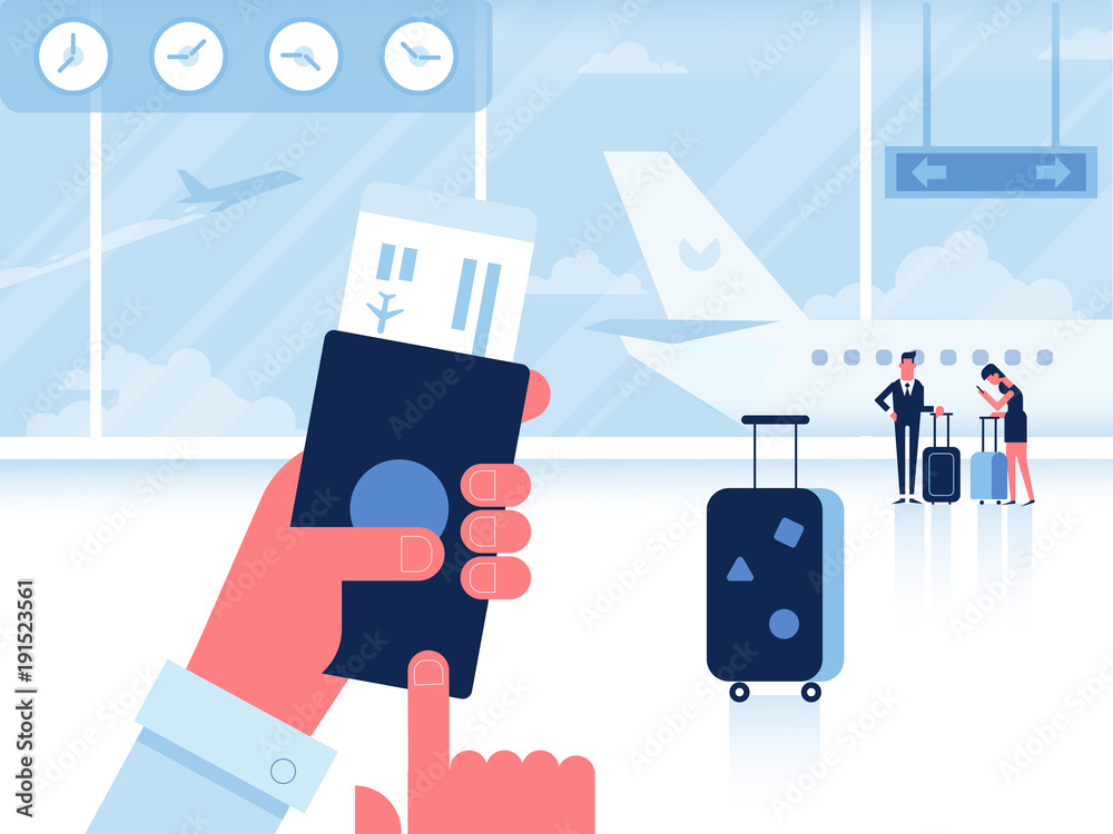 Man with passport and boarding pass waiting flight inside of airport ...